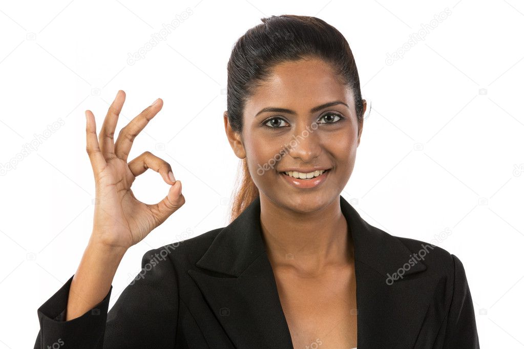 Indian woman doing OK symbol with her hand. — Stock Photo © sjenner13 ...