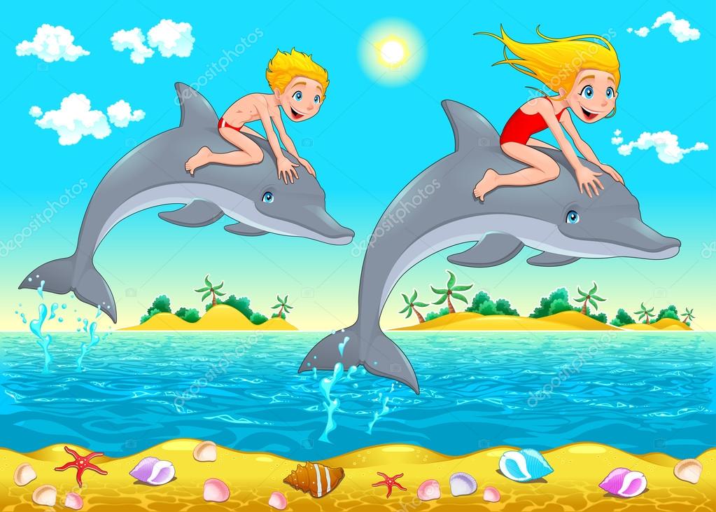 Boy, girl and dolphin in the sea. Stock Vector Image by ©ddraw #36759877