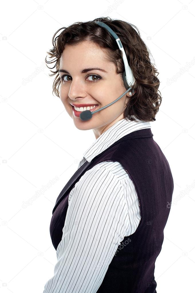 Operadora de servicio al cliente mujer con auriculares — Foto de stock ...
