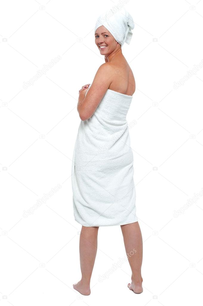 Cheerful spa woman wearing bathing towel — Stock Photo © stockyimages ...