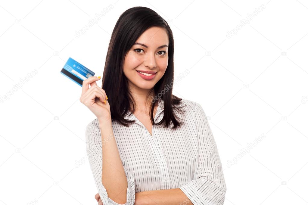 Business lady showing credit card to camera Stock Photo by ...