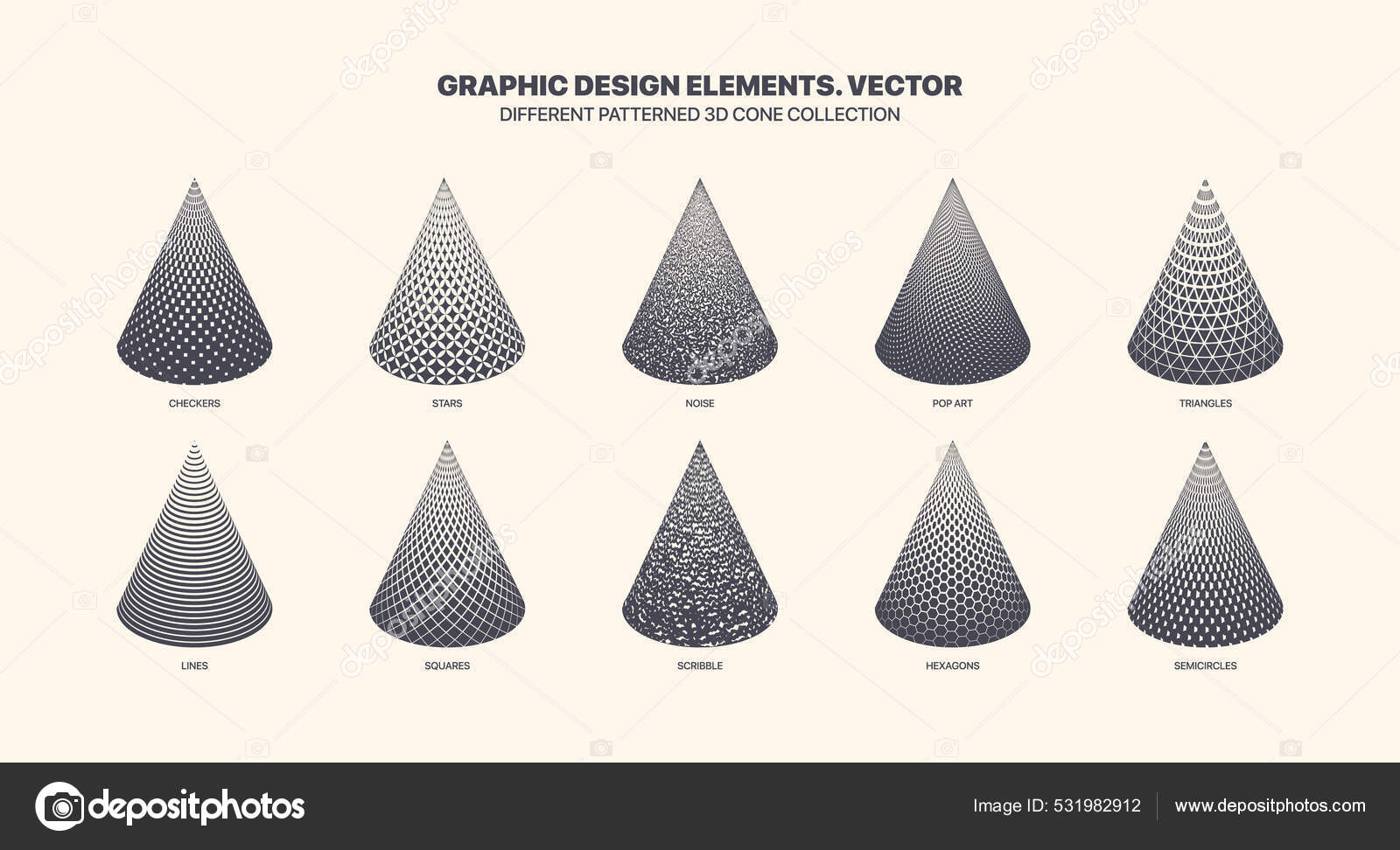 Assorted Various Patterned 3D Cones Vector Set Isolated On White ...