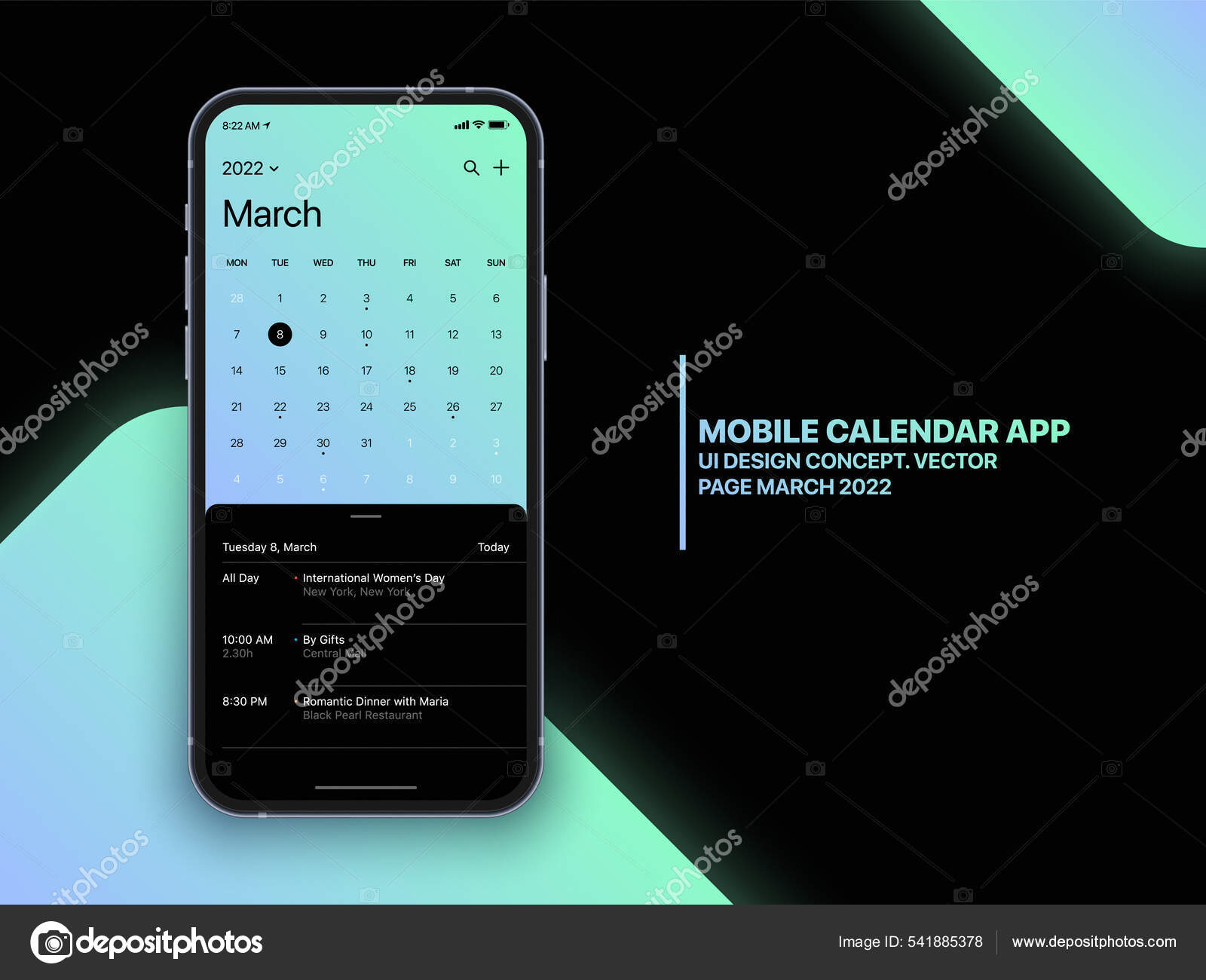 Mobile Calendar App UI Concept on Realistic Smartphone Screen Vector ...