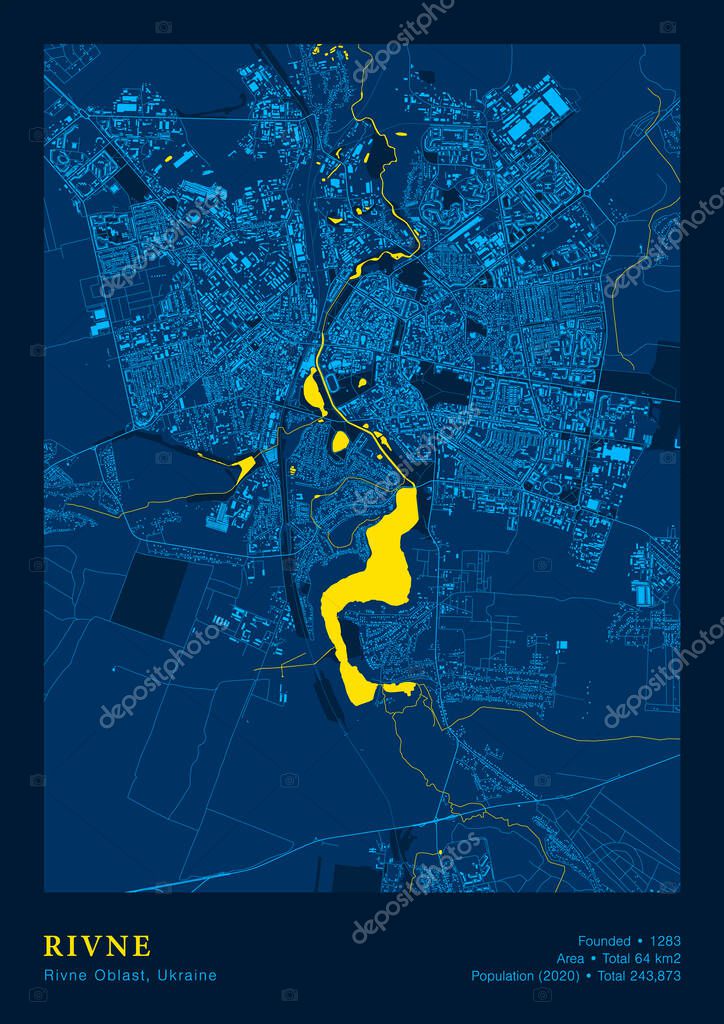 Rivne Map Vector Poster Highly Detailed Map In Patriotic Yellow Blue ...