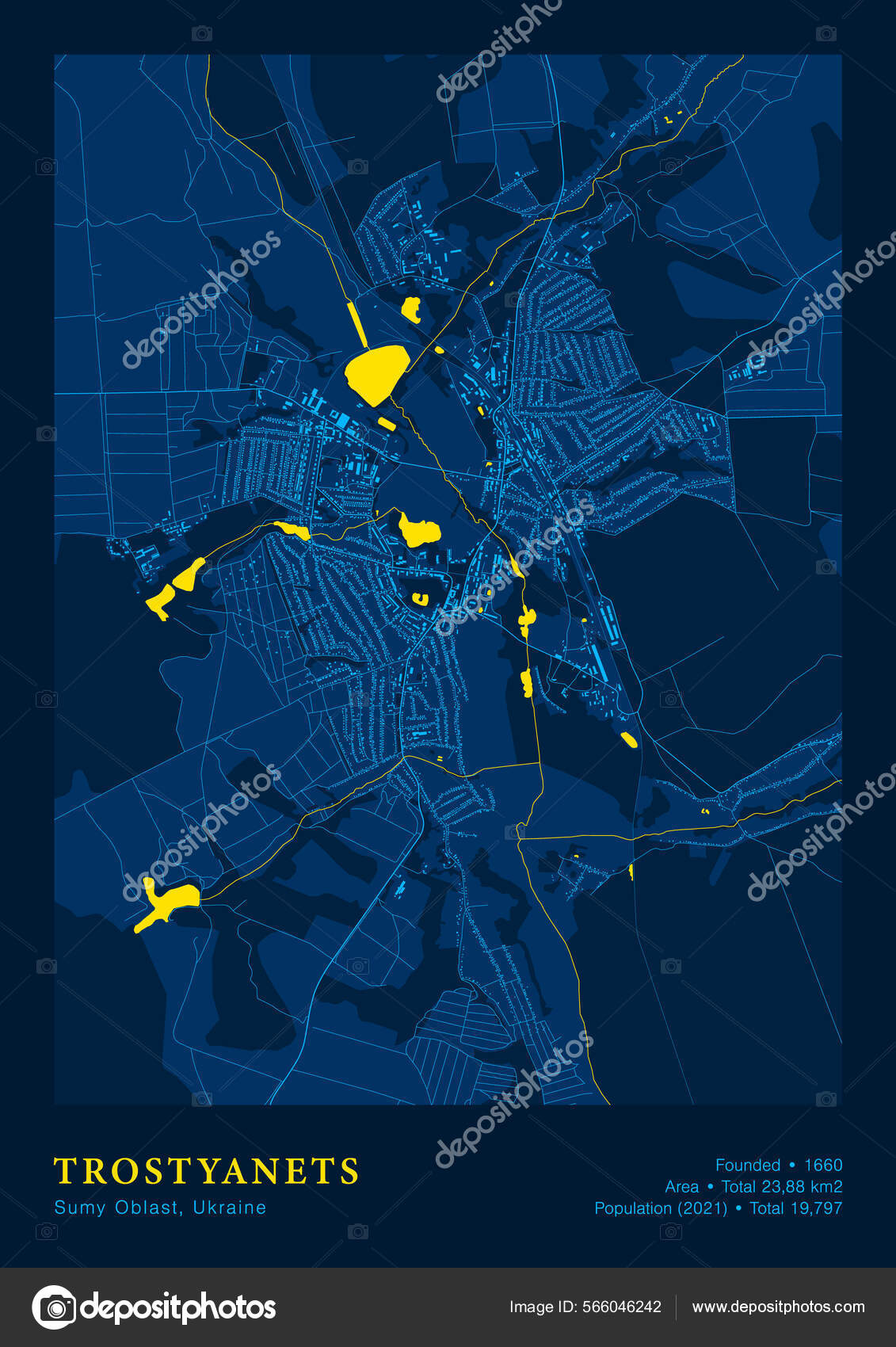 Town Trostyanets Map Vector Poster Detailed Map In National Yellow Blue ...