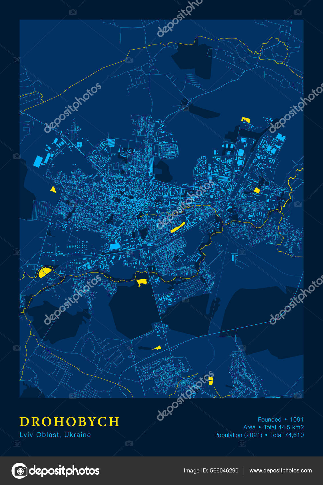 Drohobych Map Vector Poster High Detailed Map In National Yellow Blue ...
