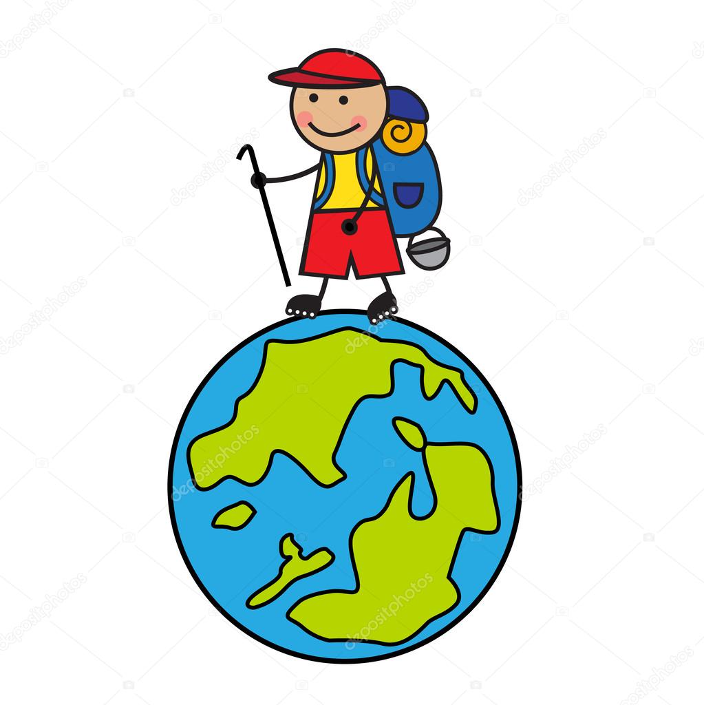 Turismo de dibujos animados con una mochila subiendo el globo — Vector ...