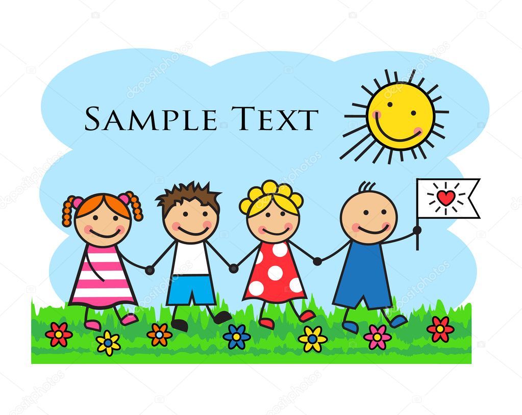 Cartoon kids go through the grass and holding hands — Stock Vector ...