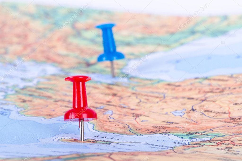 Pushpin Pointing on Map — Stock Photo © niglaynike #45154171