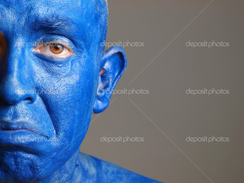 Man with his face painted with color blue (2) Stock Photo by ...