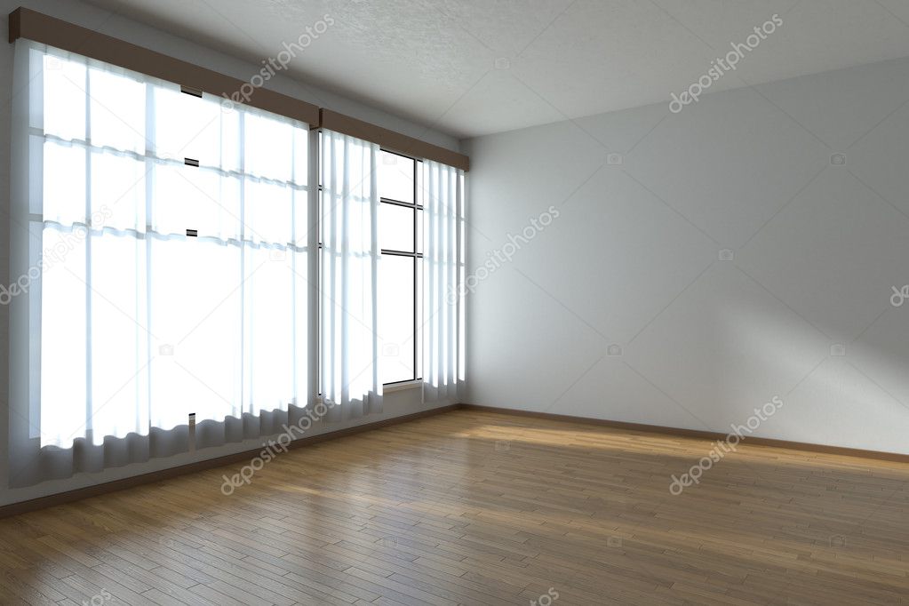Empty room with parquet floor and window diagonal view — Stock Photo ...