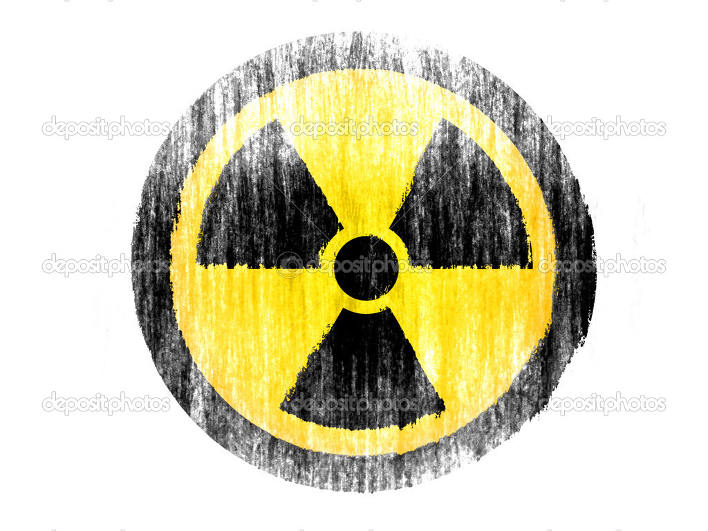Nuclear radiation symbol drawn on white background with colored crayons ...
