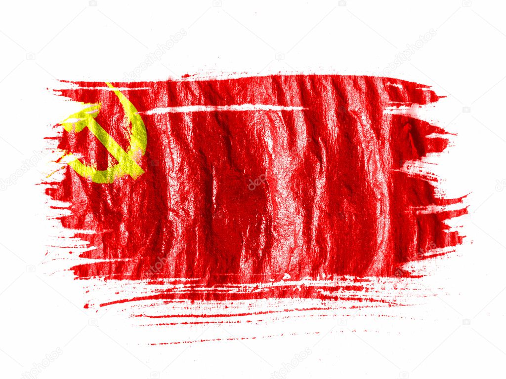 The USSR flag painted on painted with watercolor on wet white paper ...