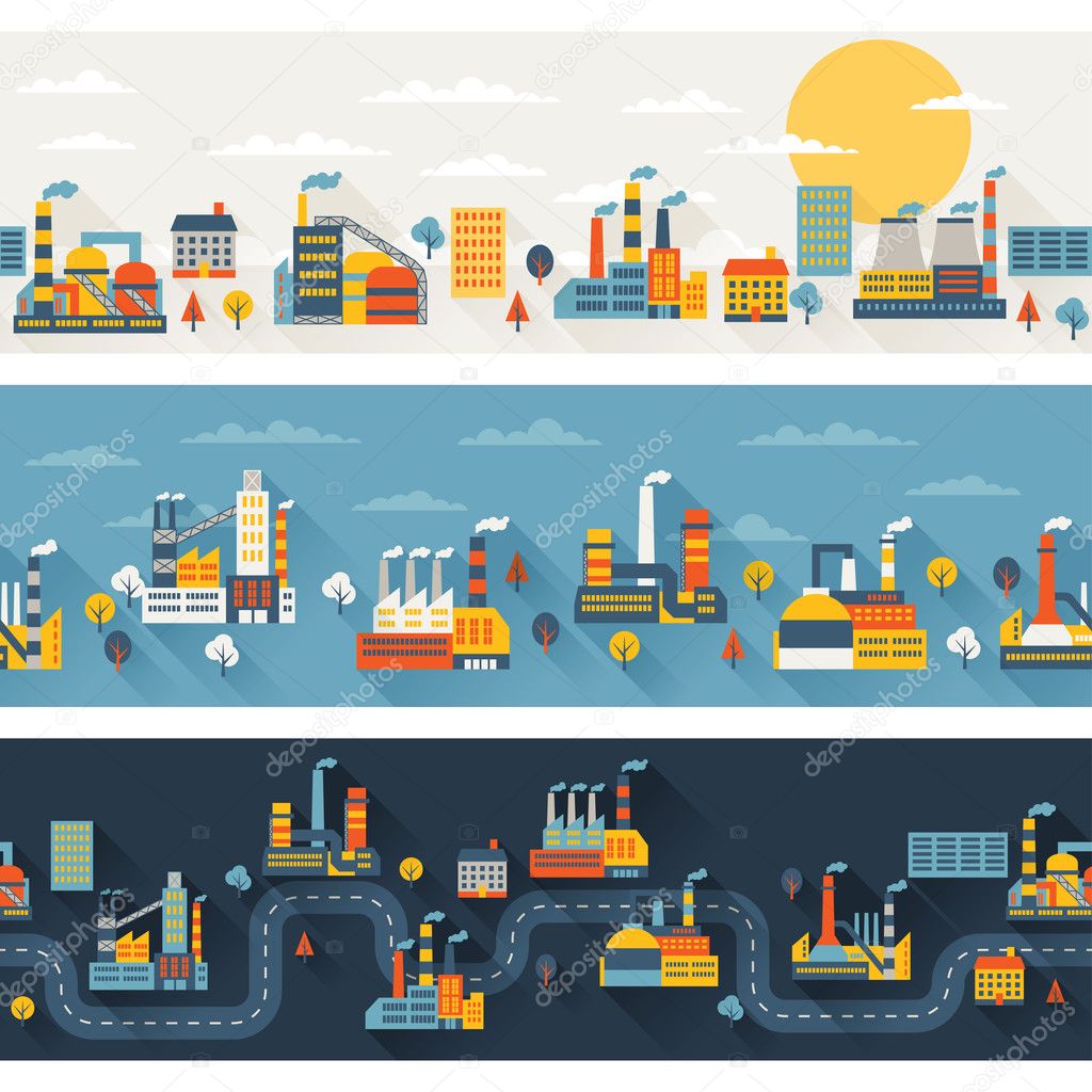 Industrial factory buildings horizontal banners. — Stock Vector ...