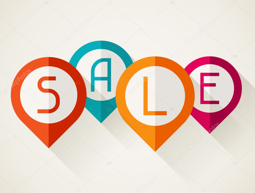 Sale poster with location markers in flat design style. — Stock Vector ...