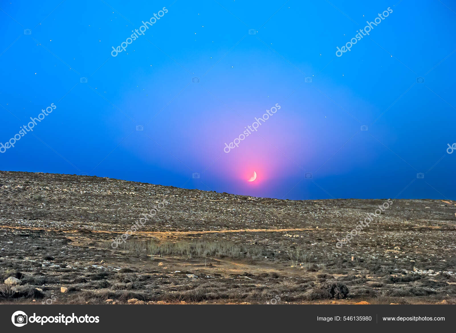 Pink Crescent Moon Setting Malta Garrigue Landscape Stock Photo by ...