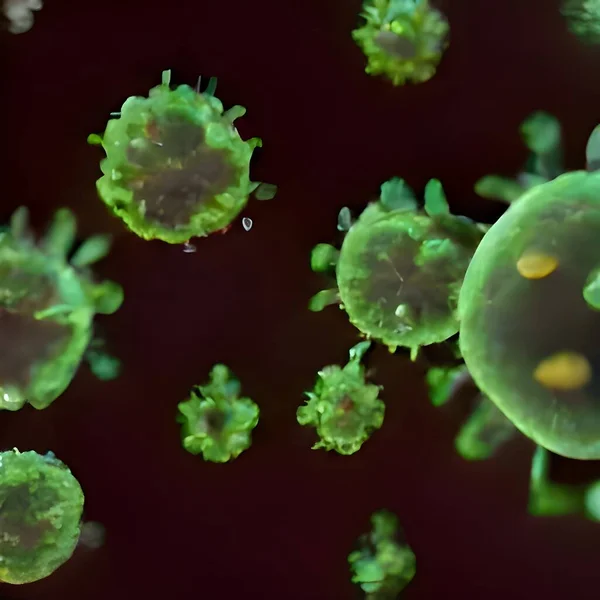 Flu or HIV coronavirus floating in fluid microscopic view, infection ...