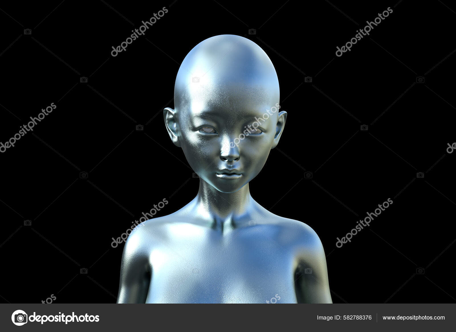 Humanoide Alienígena Calvo Plateado Sobre Fondo Negro — Foto de stock #582788376 © inside-studio