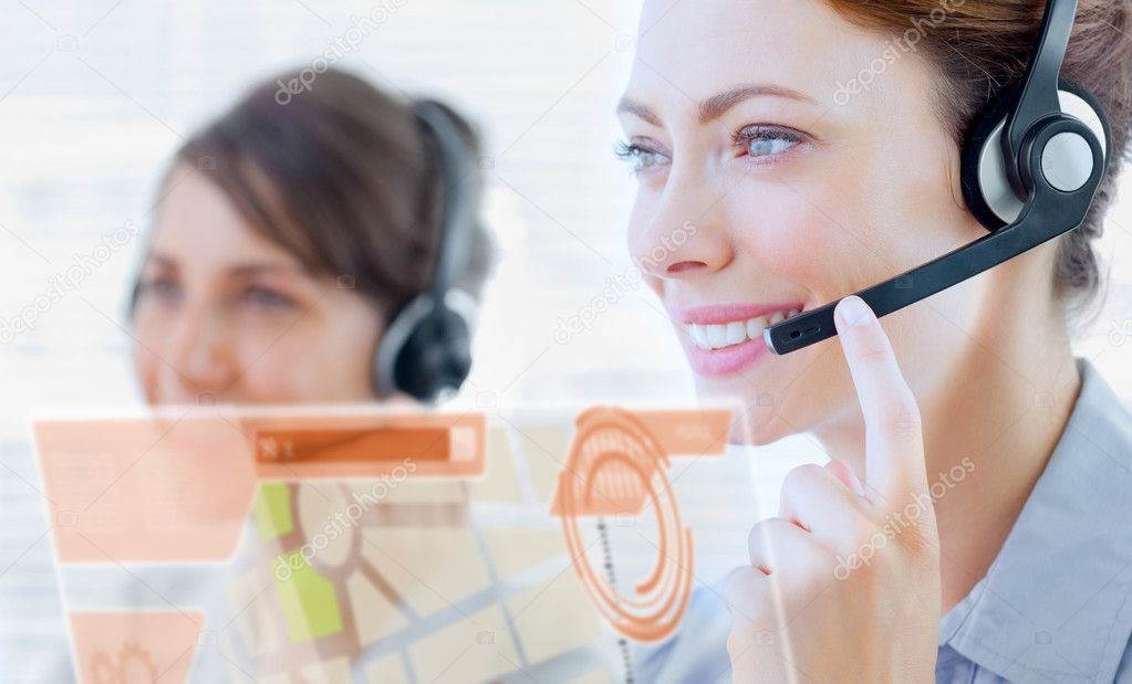 Attractive call center employee looking at futuristic interface ...