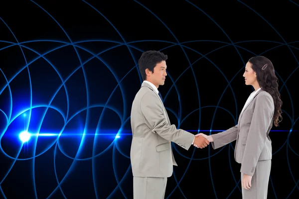 Composite image of side view of hand shaking trading partners - Stock ...