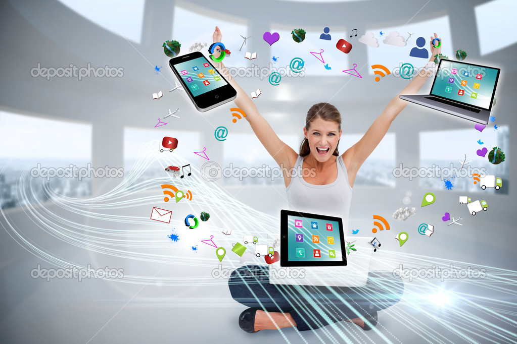 Cheering blonde using laptop with app icons — Stock Photo ...