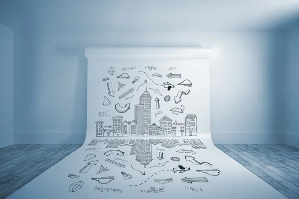 Simple white brick boardroom with creative sketch on wall. Travel ...