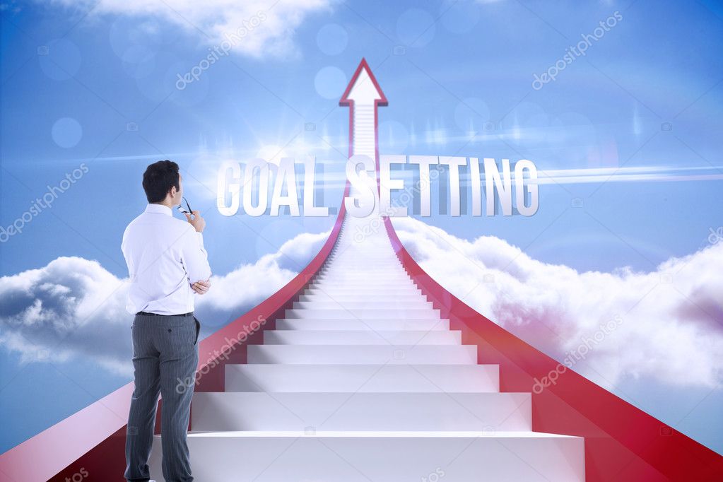 Goal setting against red steps arrow pointing up against sky — Stock ...