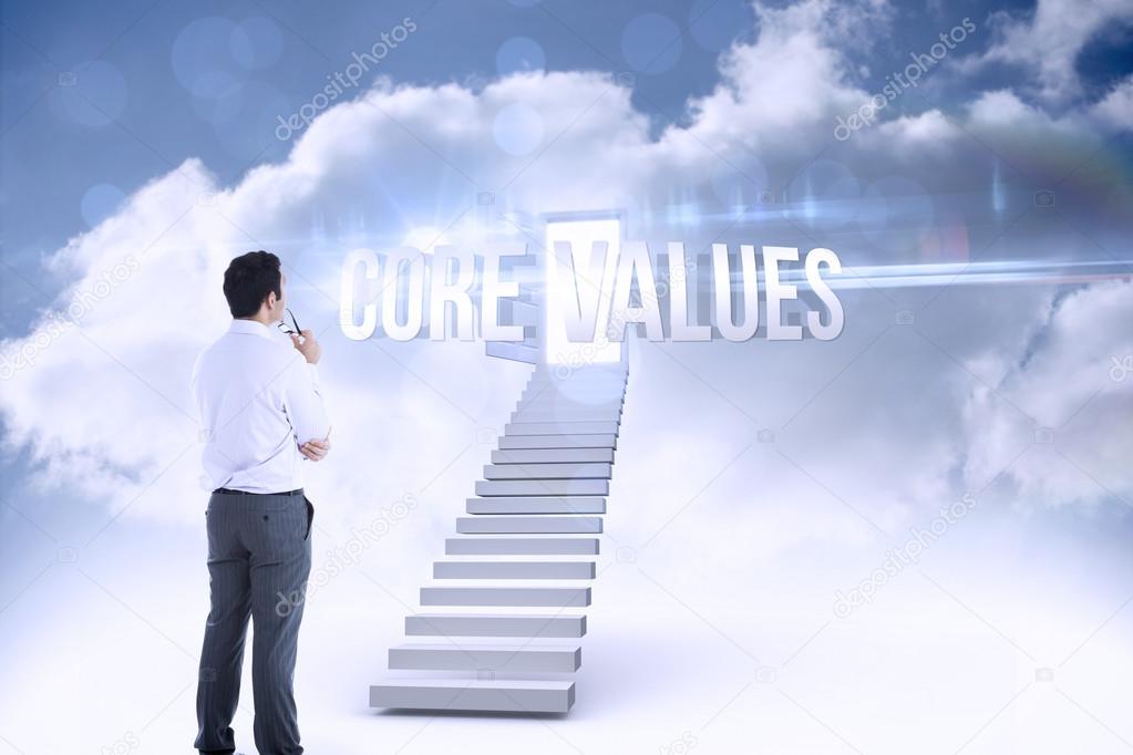 Core values against open door at top of stairs in the sky Stock Photo ...