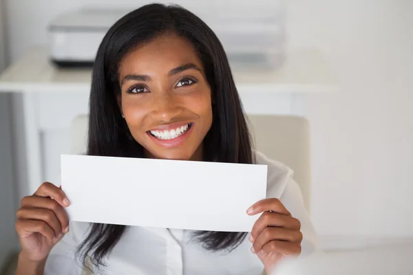 Businesswoman showing white card - Stock Image - Everypixel