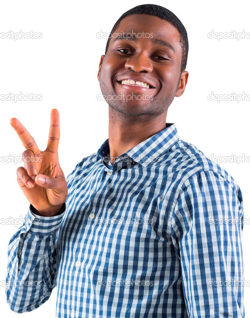 Businessman making peace sign — Stock Photo © Wavebreakmedia #48238979
