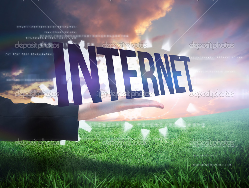 Businesswomans hand presenting the word internet — Stock Photo ...