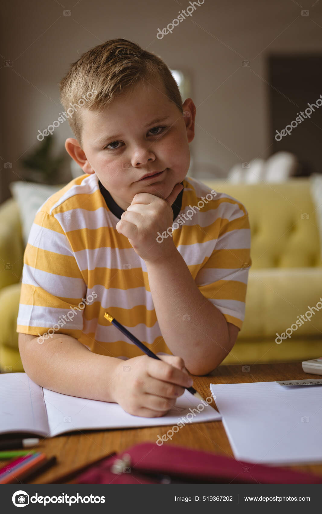 Portrait Caucasian Boy Holding Pencil Sitting Living Room Home ...