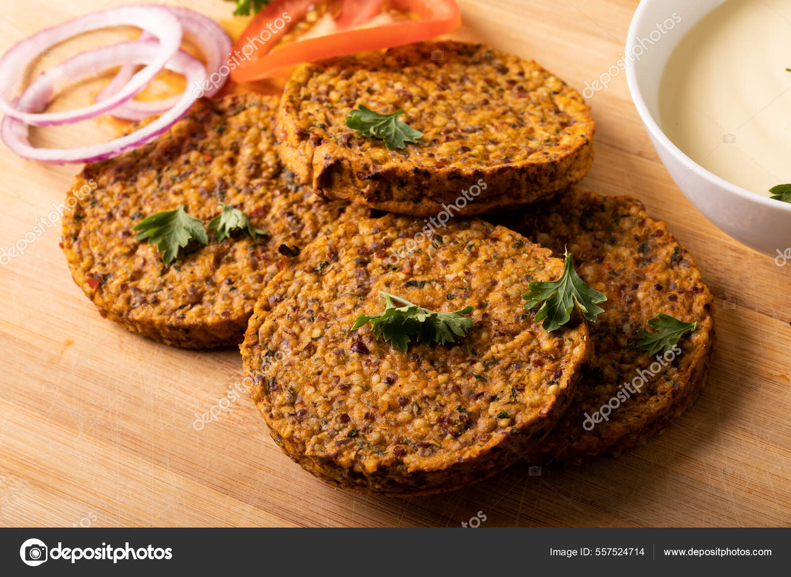 High Angle View Fresh Patties Onion Rings Tomato Slice Table — Stock ...