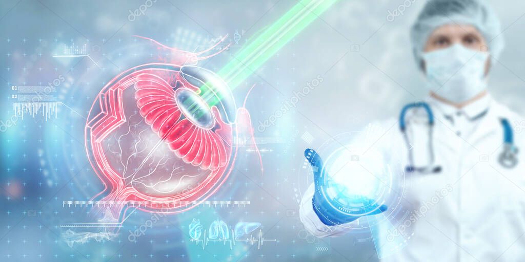Cirugía ocular láser, holograma ocular humano y rayo láser, el médico ...