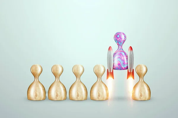 Uniqueness, among the wooden pawns, a multi-colored pawn takes off on a ...