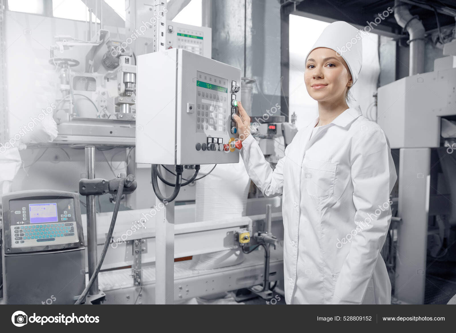 Factory engineer woman operating machine control panel in mill flour ...