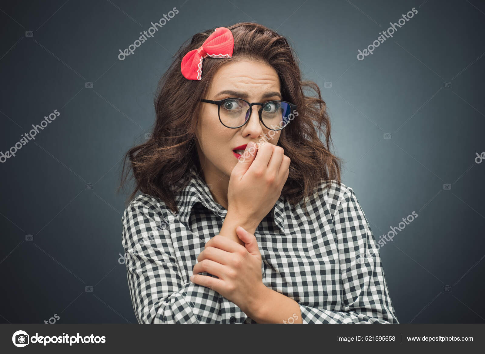 Panicked Young Woman Biting Fingernail Being Terrible Accident Dark ...