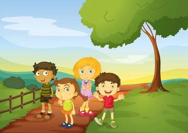 Four kids playing outdoor near the trees — Stock Vector ...