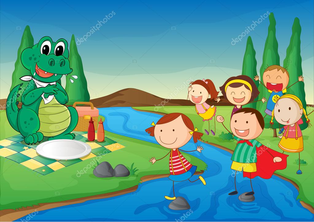 Kids and crocodile at picnic — Stock Vector © interactimages #13900171 Kids and crocodile at picnic — Stock Vector © interactimages #13900171