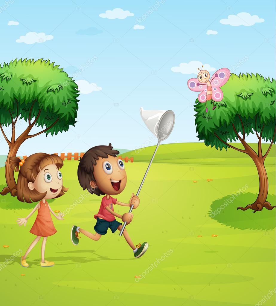 Niños tratando de atrapar una mariposa Vector de stock por ...