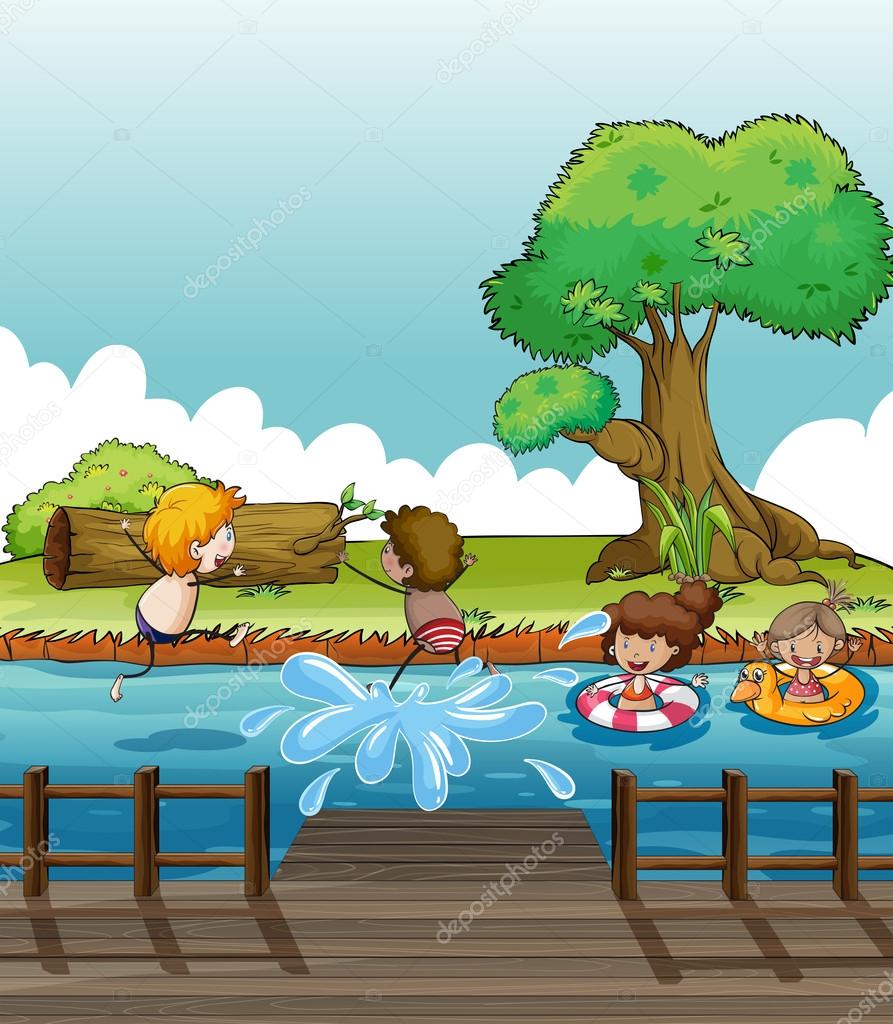 Niños divirtiéndose en el río — Vector de stock © interactimages #21164199
