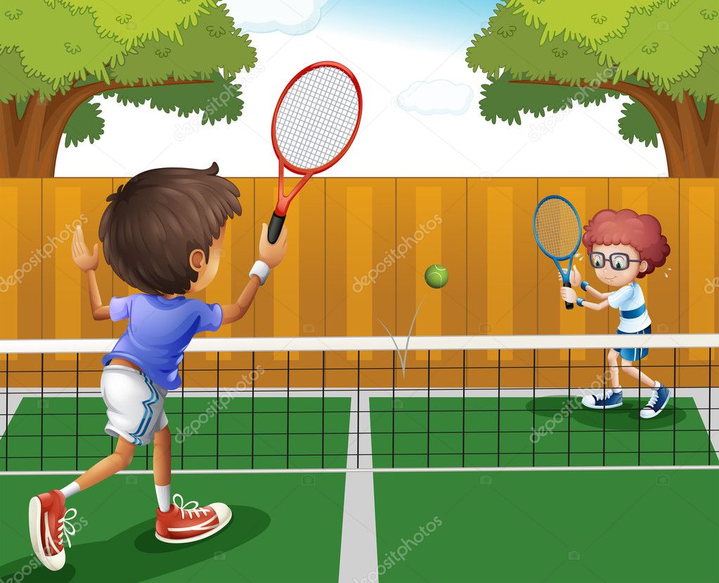 Dos chicos jugando al tenis dentro de la valla vector, gráfico ...