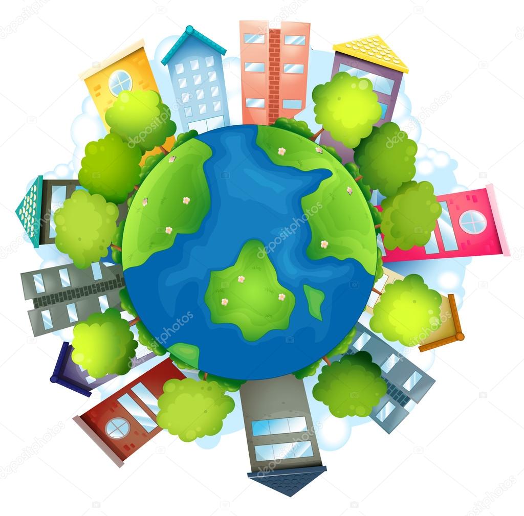 La tierra con los edificios hechos por el hombre y los recursos ...