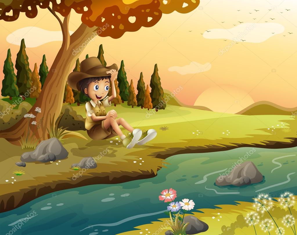 Un chico sentado en la orilla del río vector, gráfico vectorial ...