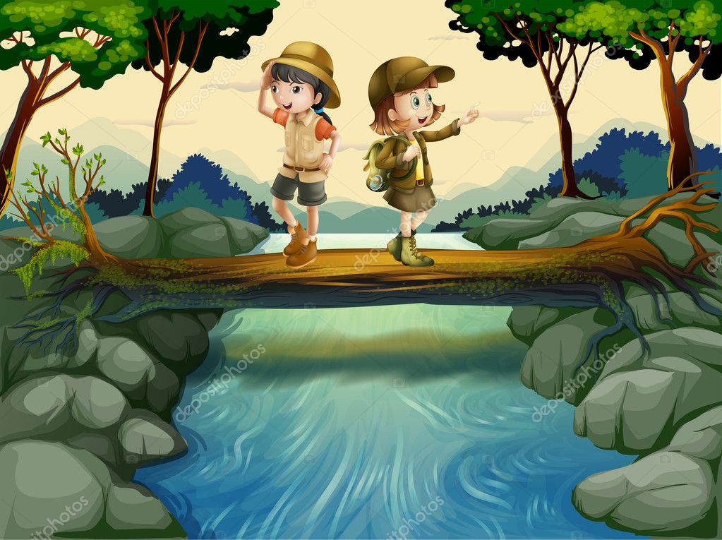 dos niños cruzando el río — Vector de stock © interactimages #23025486