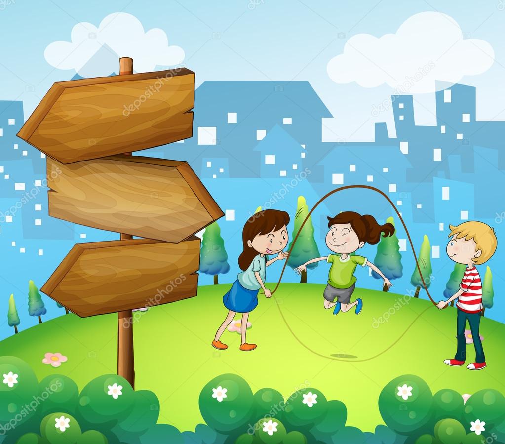 Ahşap oklarla bahçede oynayan 3 çocuk | Vektörel çizim ©interactimages ...