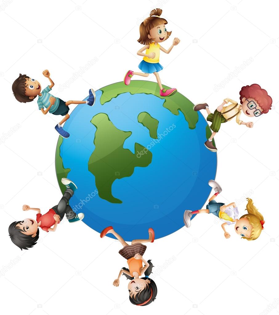 Six kids walking around the planet earth Stock Vector Image by ...