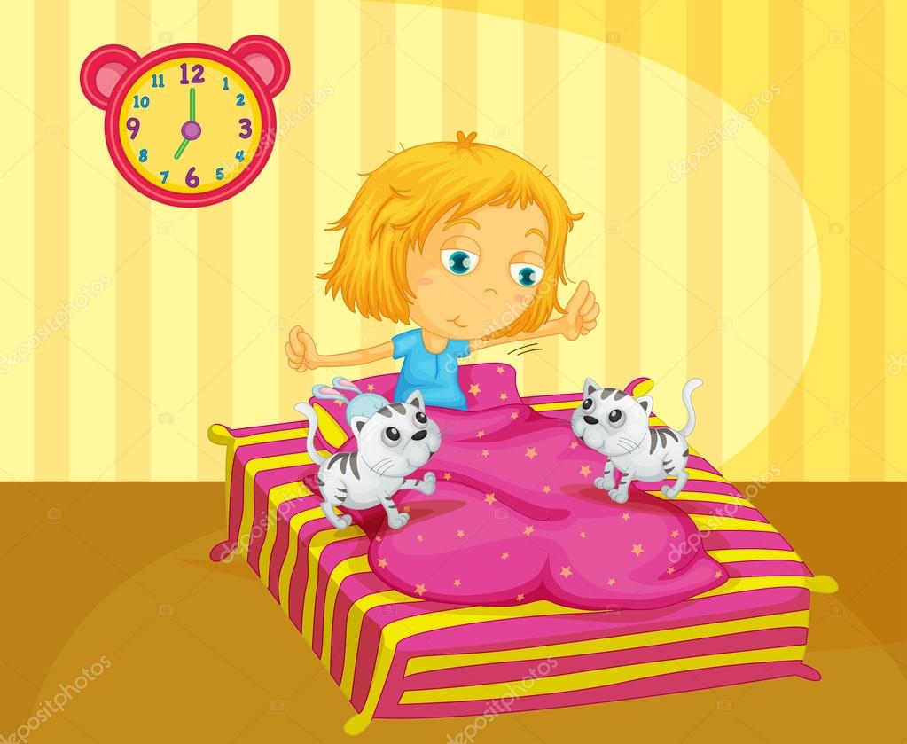 Una chica despertando en la cama con dos gatitos vector, gráfico ...