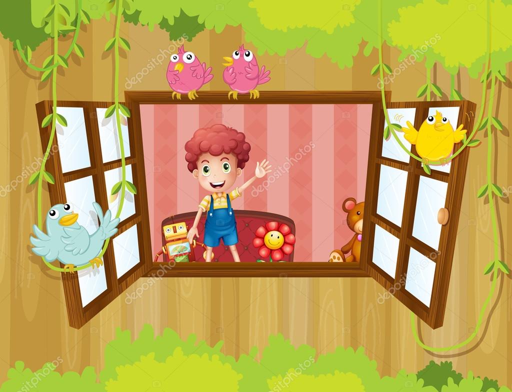 A young boy inside the house waving near the window Stock Vector Image ...