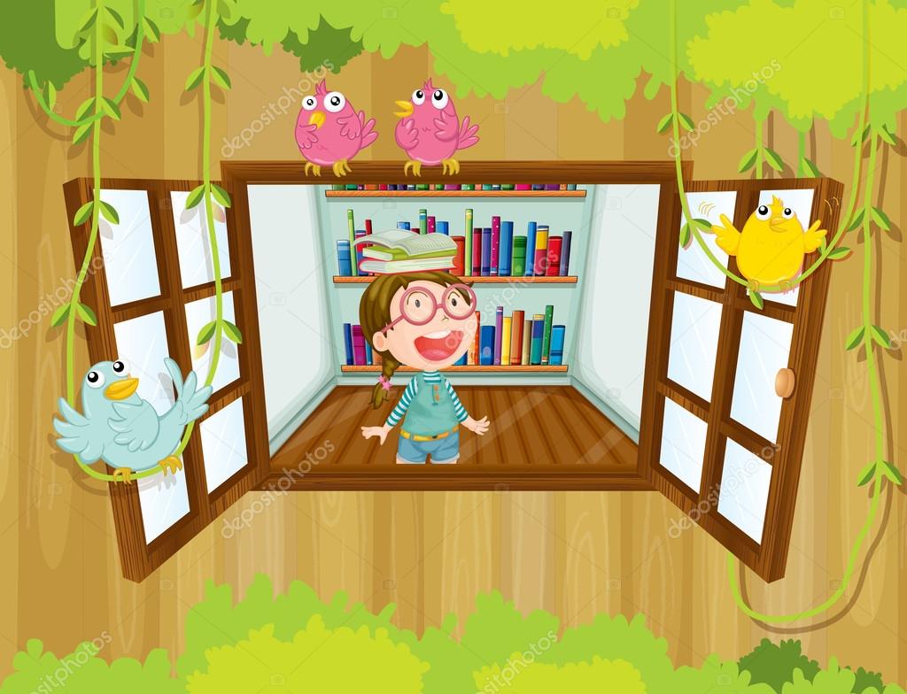 A girl with a book above her head near the window with birds — Stock ...